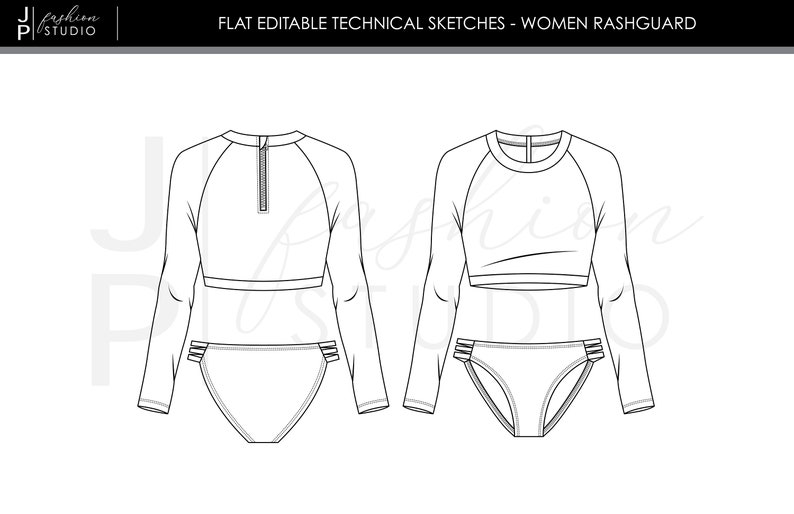 Set of Women Rash Guards (2 Styles) Vector Fashion Flat Sketches ...
