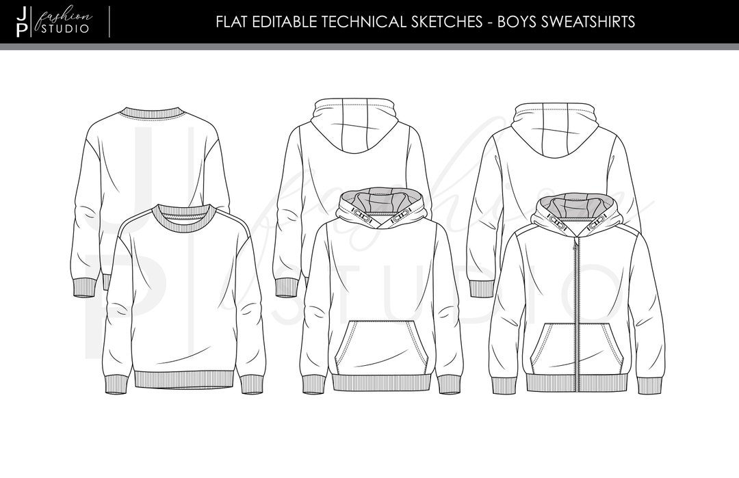 Men Sweatshirts Technical Drawings 3 Styles / Older Boys Fashion Flat ...