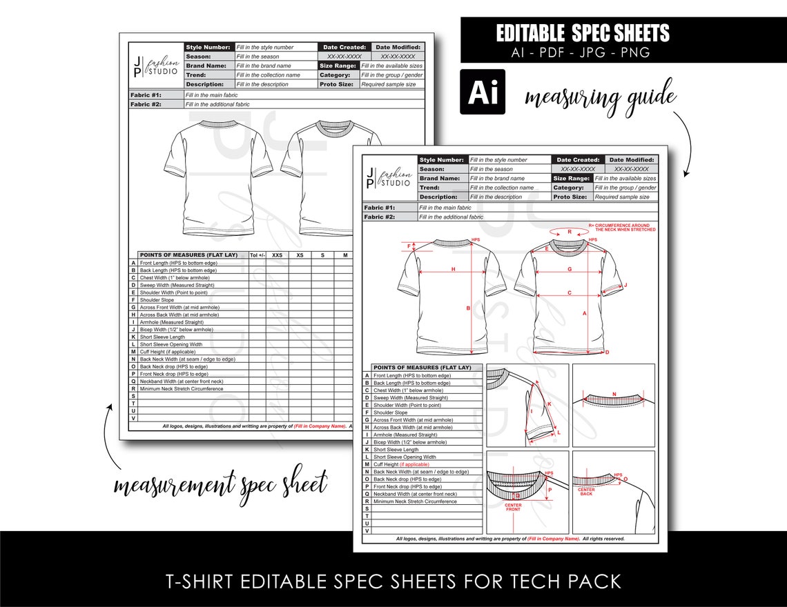 Tech Pack Spec Sheet Templates for Basic T-shirts, Apparel Industry ...
