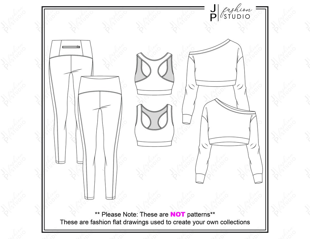 Women Activewear Outfit (3 Styles) Vector Fashion Flat Sketches ...