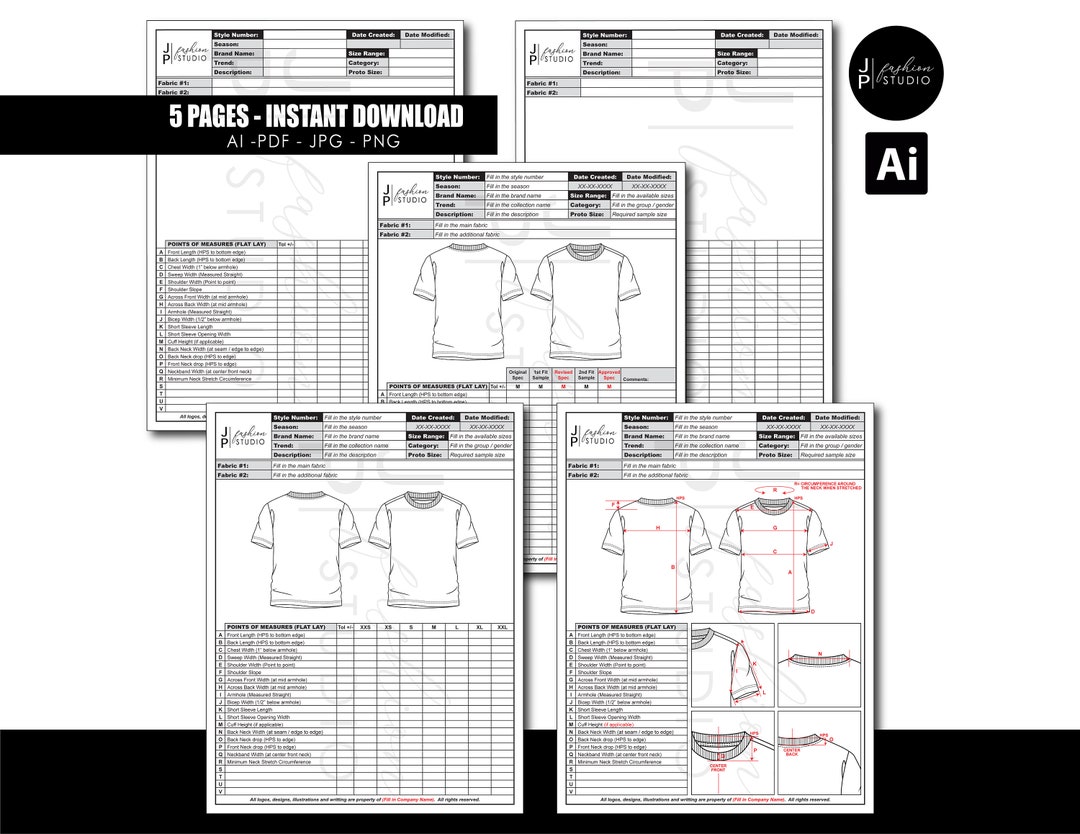 Tech Pack Spec Sheet Templates for Basic T-shirts, Apparel Industry ...
