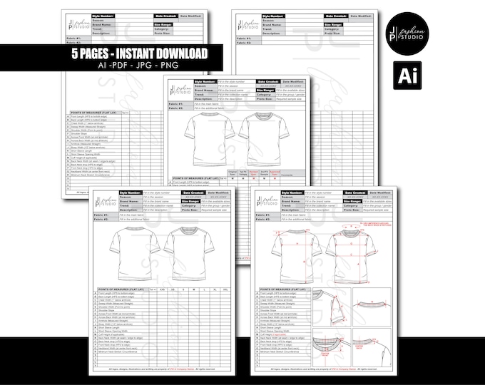 Complete T-shirt Tech Pack Illustrator Template for Apparel Industry ...
