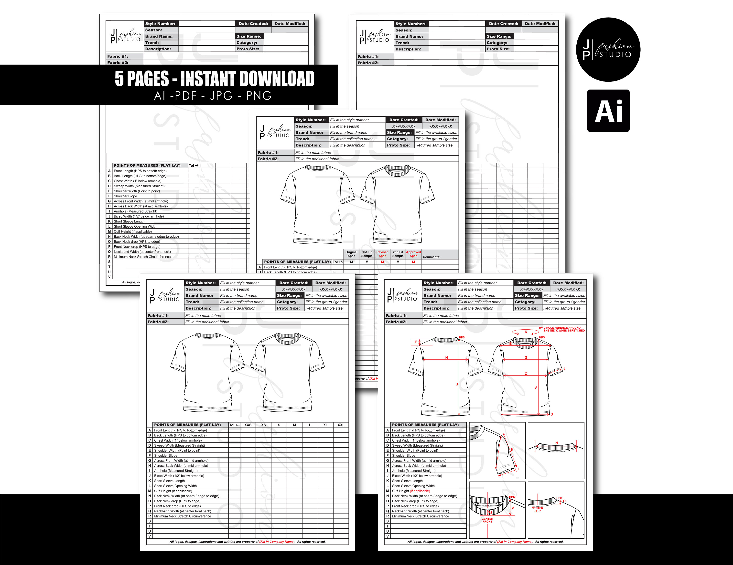 Tech Pack Spec Sheet Templates for Basic T-shirts, Apparel Industry ...