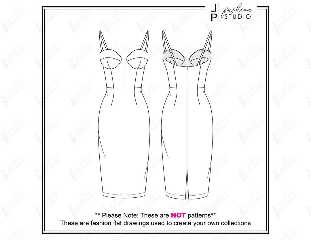 Women Corset Dress Fashion Flat Sketch / Fashion Croquis / Technical ...