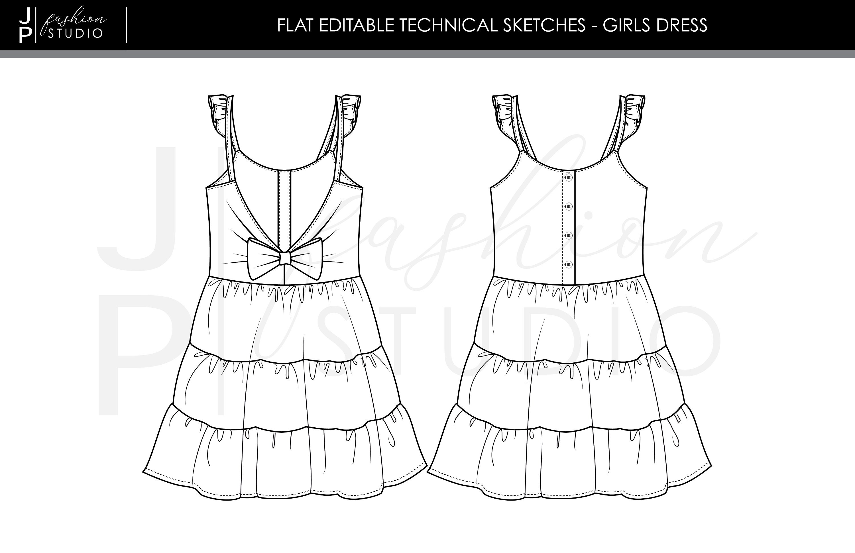Girls Sundress Fashion Flat Sketch / Kids Fashion Technical Drawing ...
