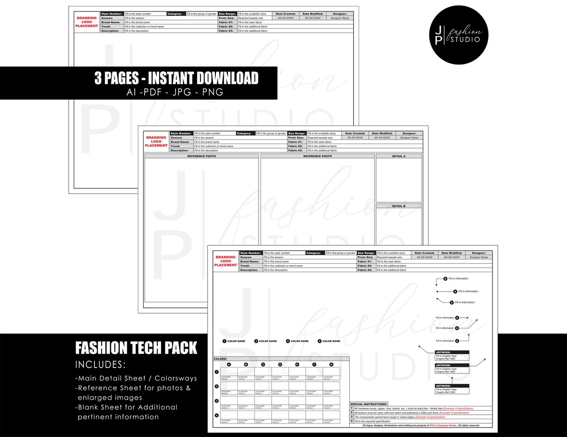 Editable & Printable Tech Pack Template for Apparel Industry; Fashion ...