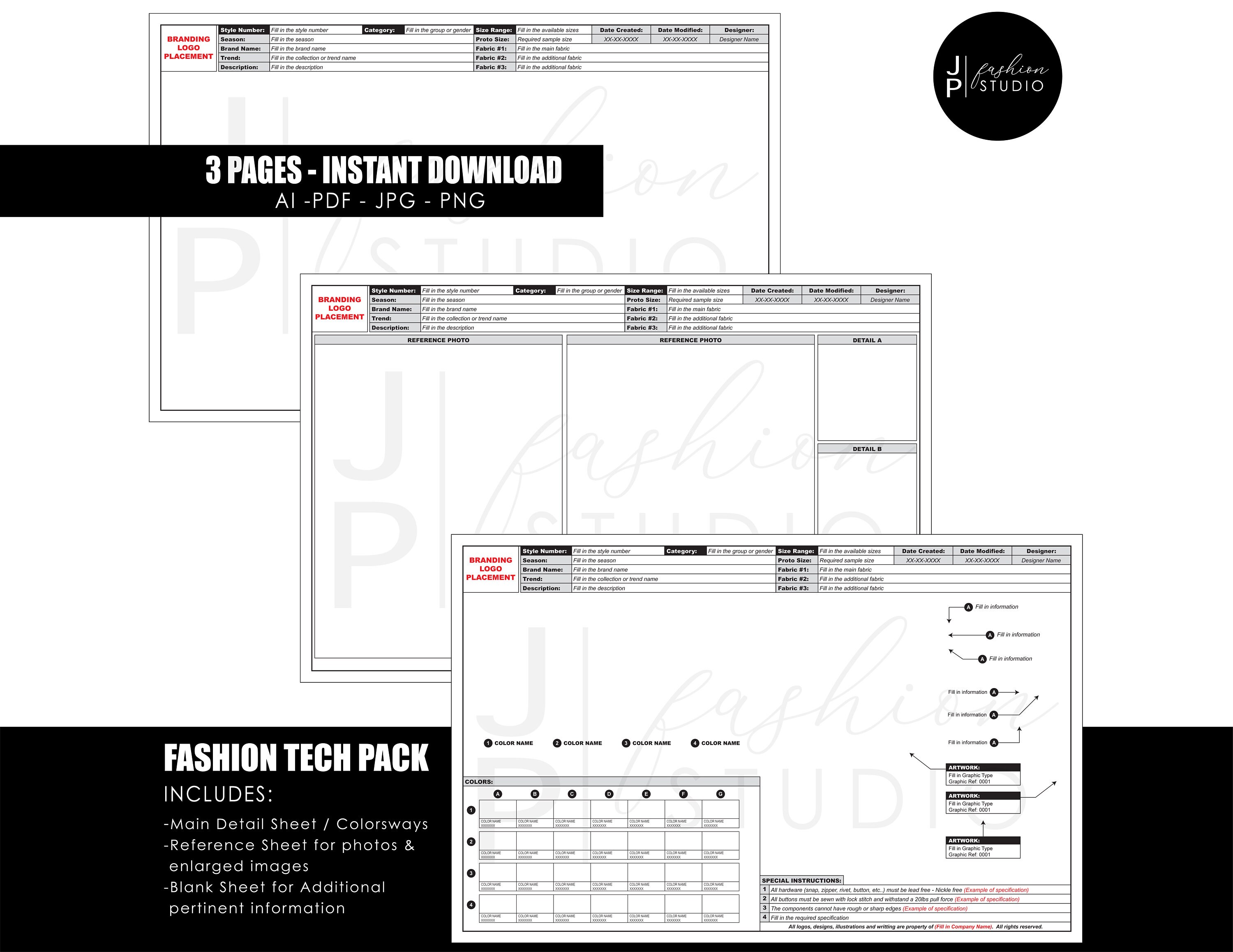 Editable & Printable Tech Pack Template for Apparel Industry Fashion ...