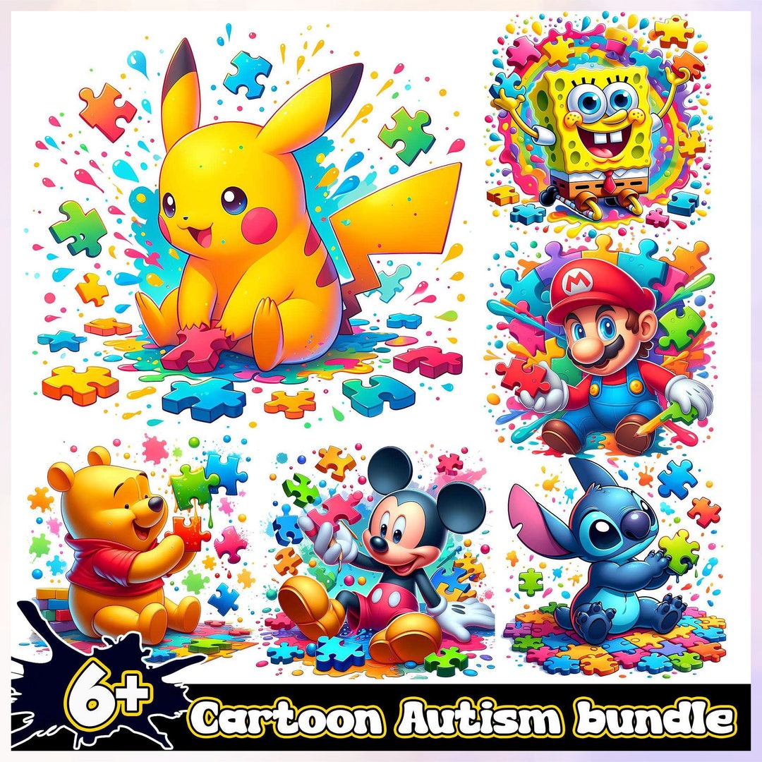 Cartoon Characters Autism Awareness PNG Bundle, Autism Puzzle Png ...