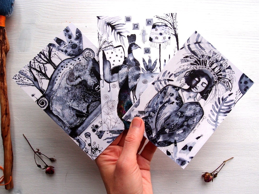 Dark Blue Bison, Peacock, Meditating Woman Postcard Set - Etsy