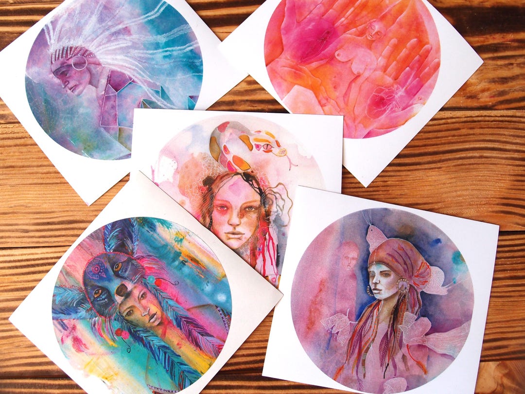 Set of 5 Round Spiritual Stickers, Colourful Stickers With Shamanic ...