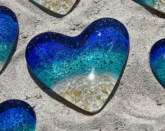 Glass Beach Heart, Pocket Heart, Turquoise and True Blue Glass Heart - Etsy