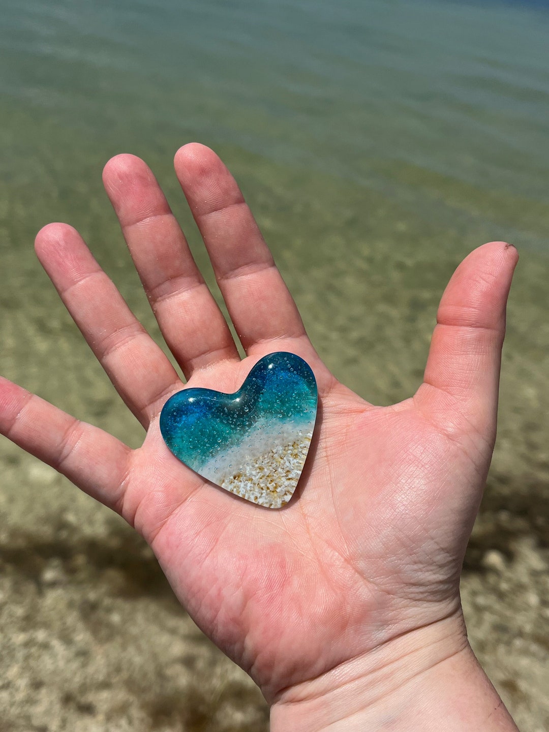 Glass Beach Heart, Pocket Heart, Light Aqua and Turquoise Glass Heart ...