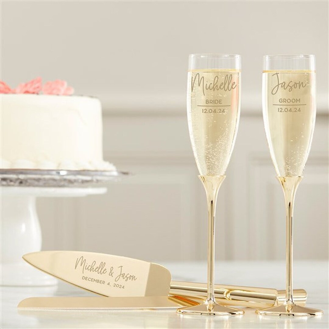 Modern Engraved Gold Cake Knife & Server OR Flute Set, Wedding, Custom ...
