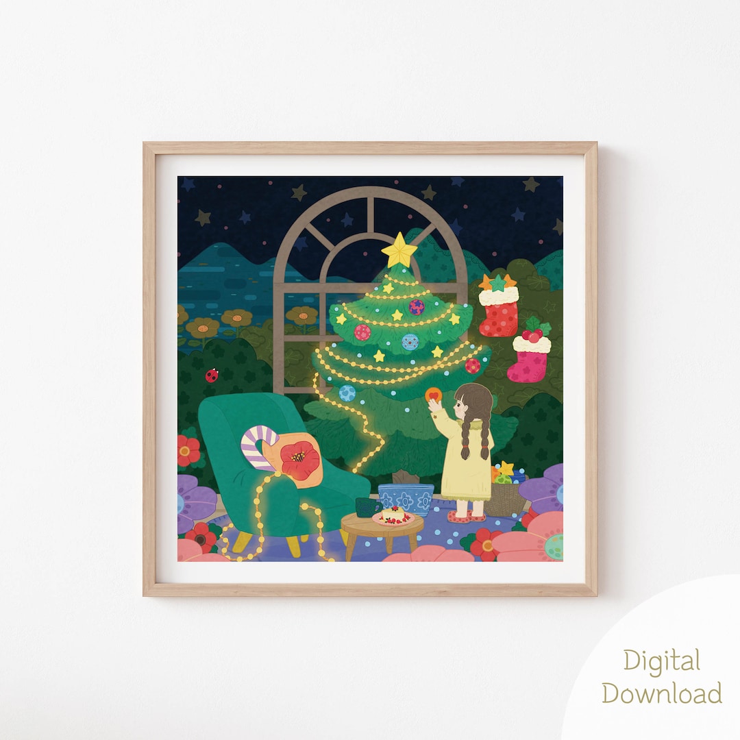 Decorating a Christmas Tree Illustration Poster, Cute Holiday Printable ...