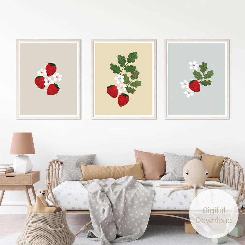 Strawberry Print Set of 3 / Strawberry Poster Set of 3 / Fruit | Etsy