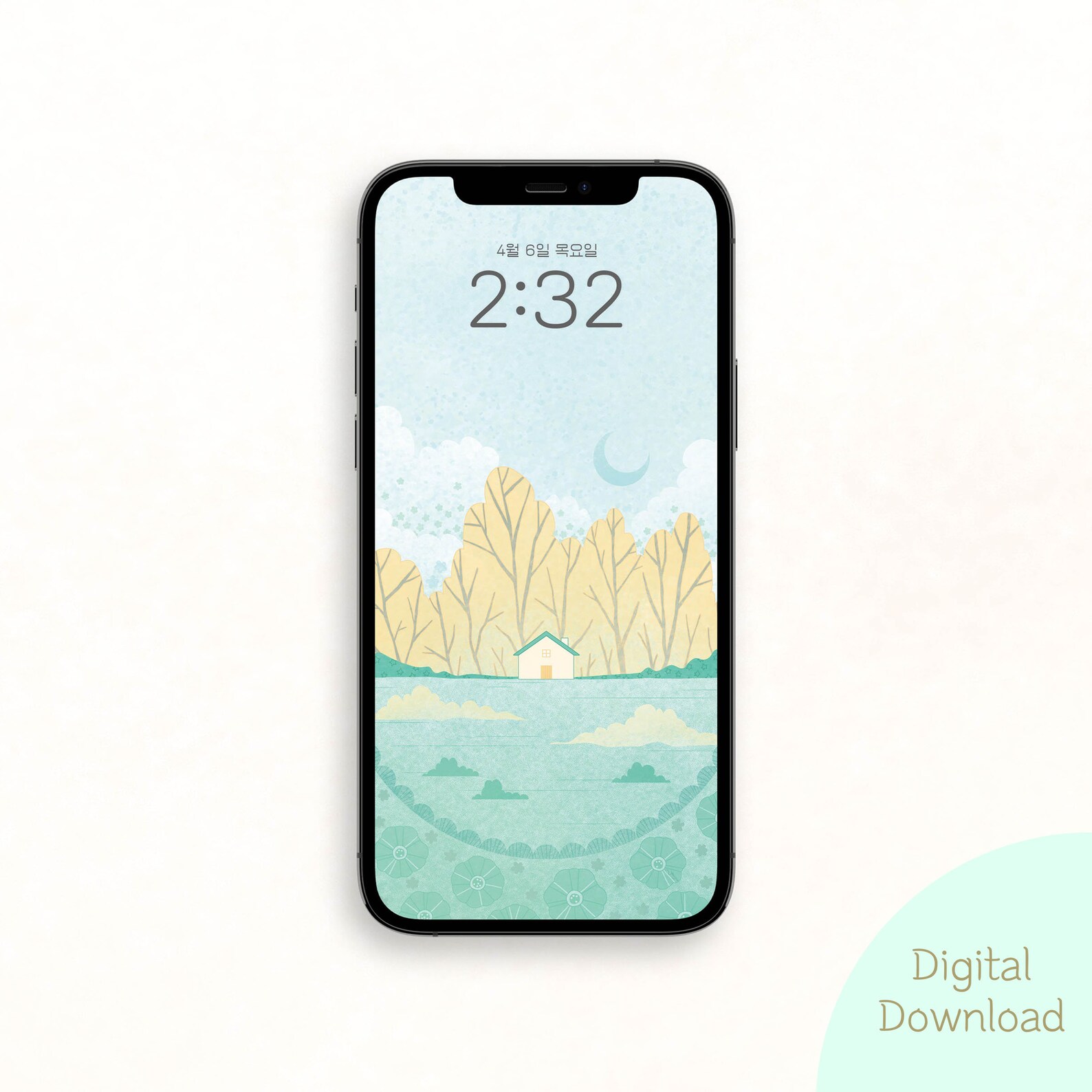 Green Roof House Illustration Phone Wallpapers, Aesthetics Mobile Lock ...