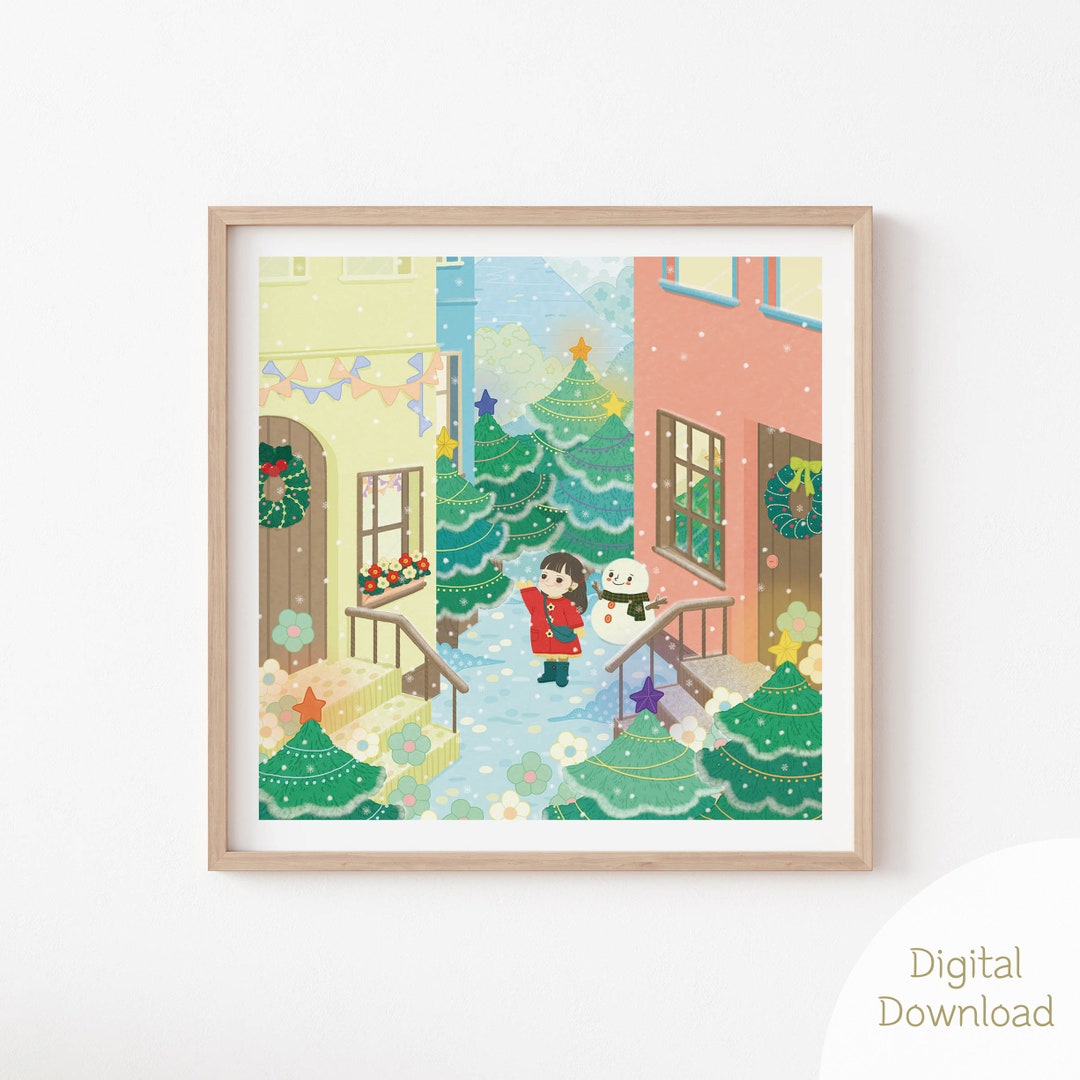 Snowy Street Illustration Printable Wall Art Poster, Cute Baby Room ...