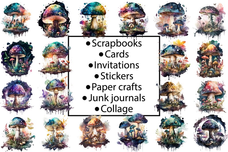 Mushroom Clipart Set Watercolor Fantasy Forest Clip Art - Etsy