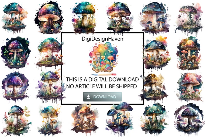 Mushroom Clipart Set Watercolor Fantasy Forest Clip Art - Etsy