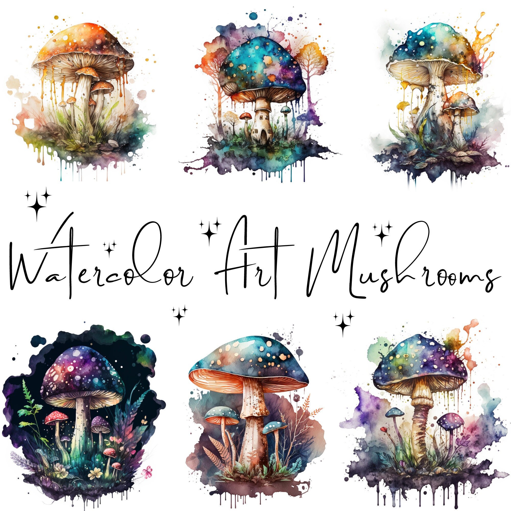 Mushroom Clipart Set Watercolor Fantasy Forest Clip Art, Instant ...