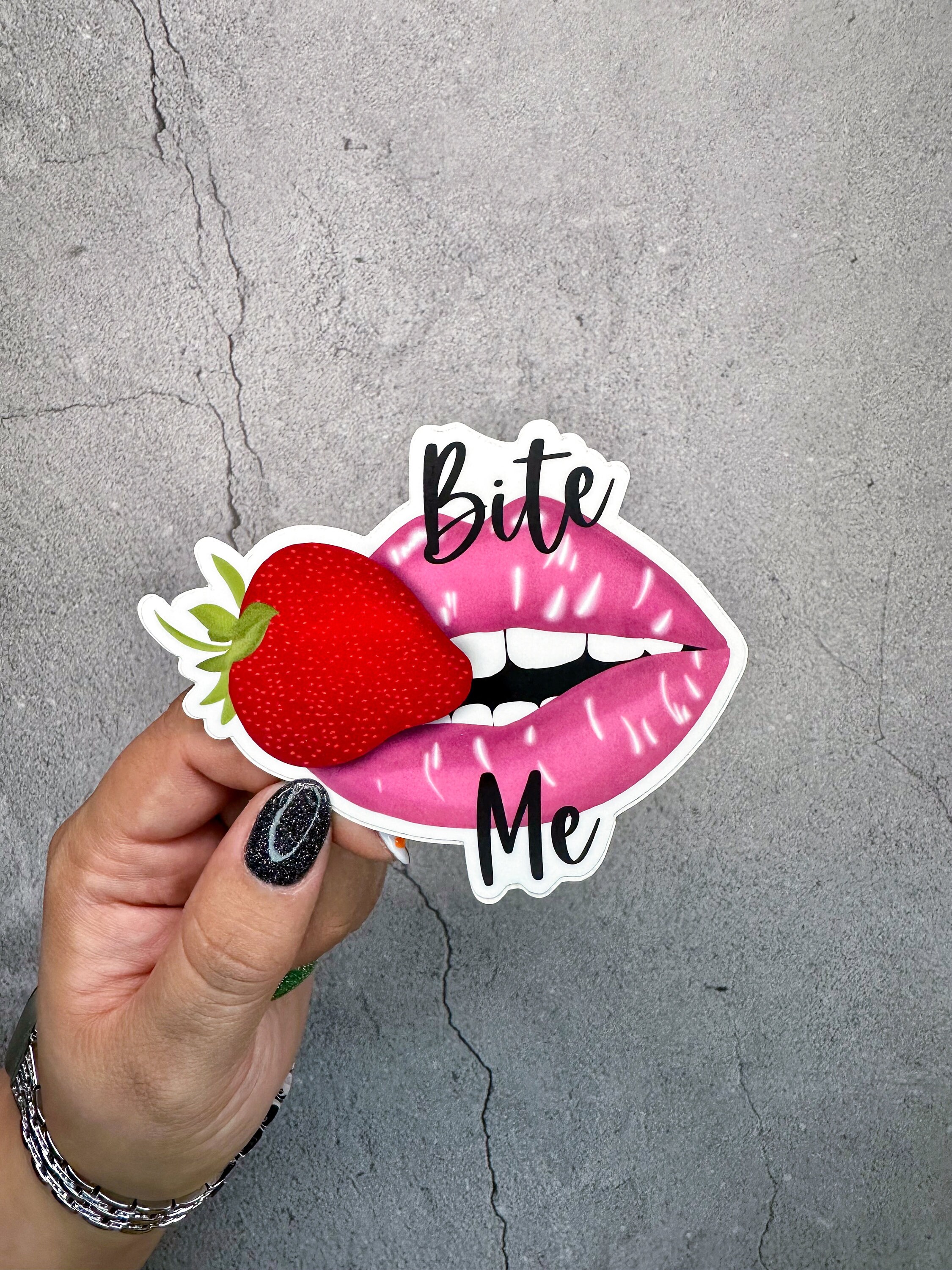 Bite Me With Pink Lipstick Lips & Strawberry Sticker - Etsy