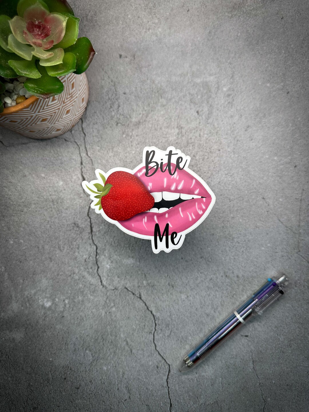 Bite Me With Pink Lipstick Lips & Strawberry Sticker - Etsy