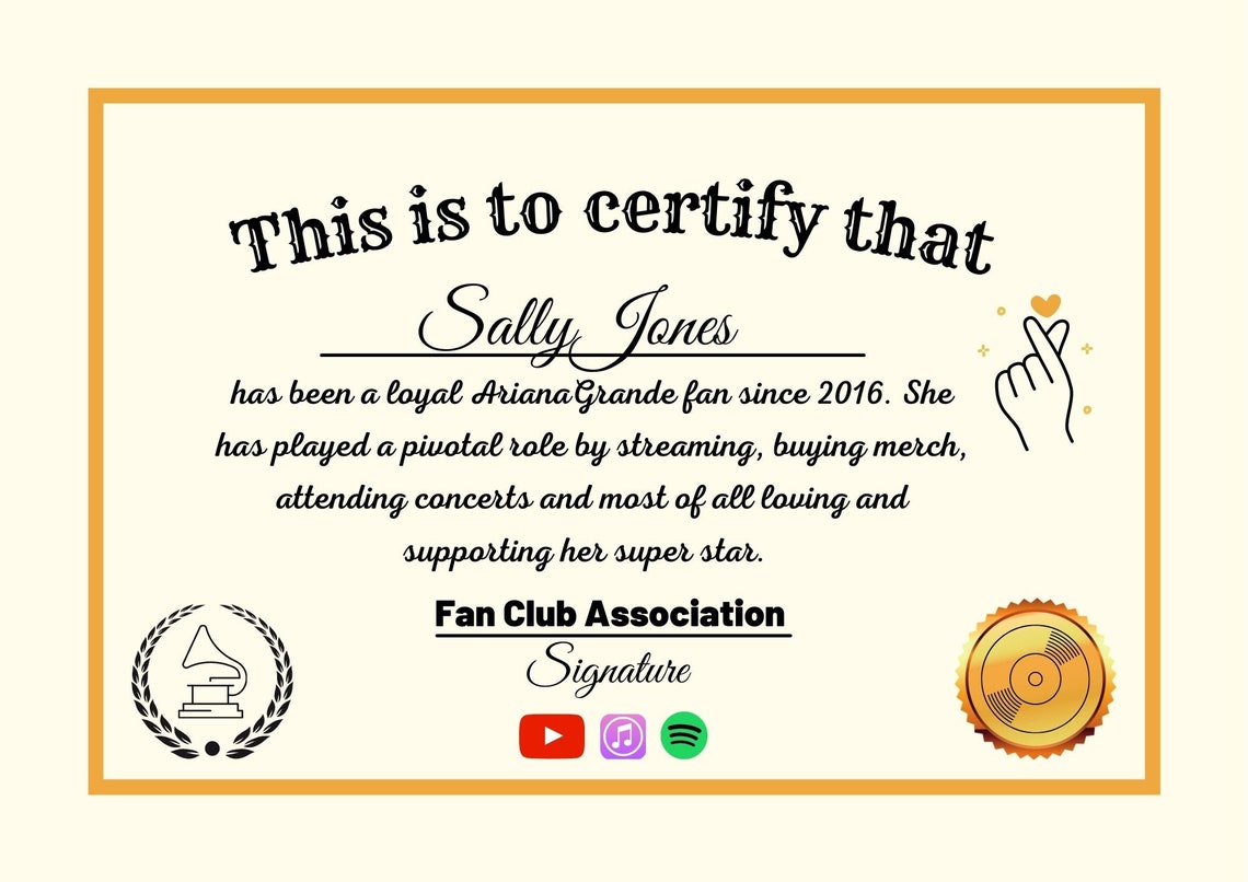 Fan certificate fandom certificate poster fan support | Etsy