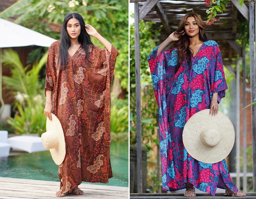 Batik Dress, Lounge, Oversize Kaftan, Caftan Dress, V Neckline, Holiday ...