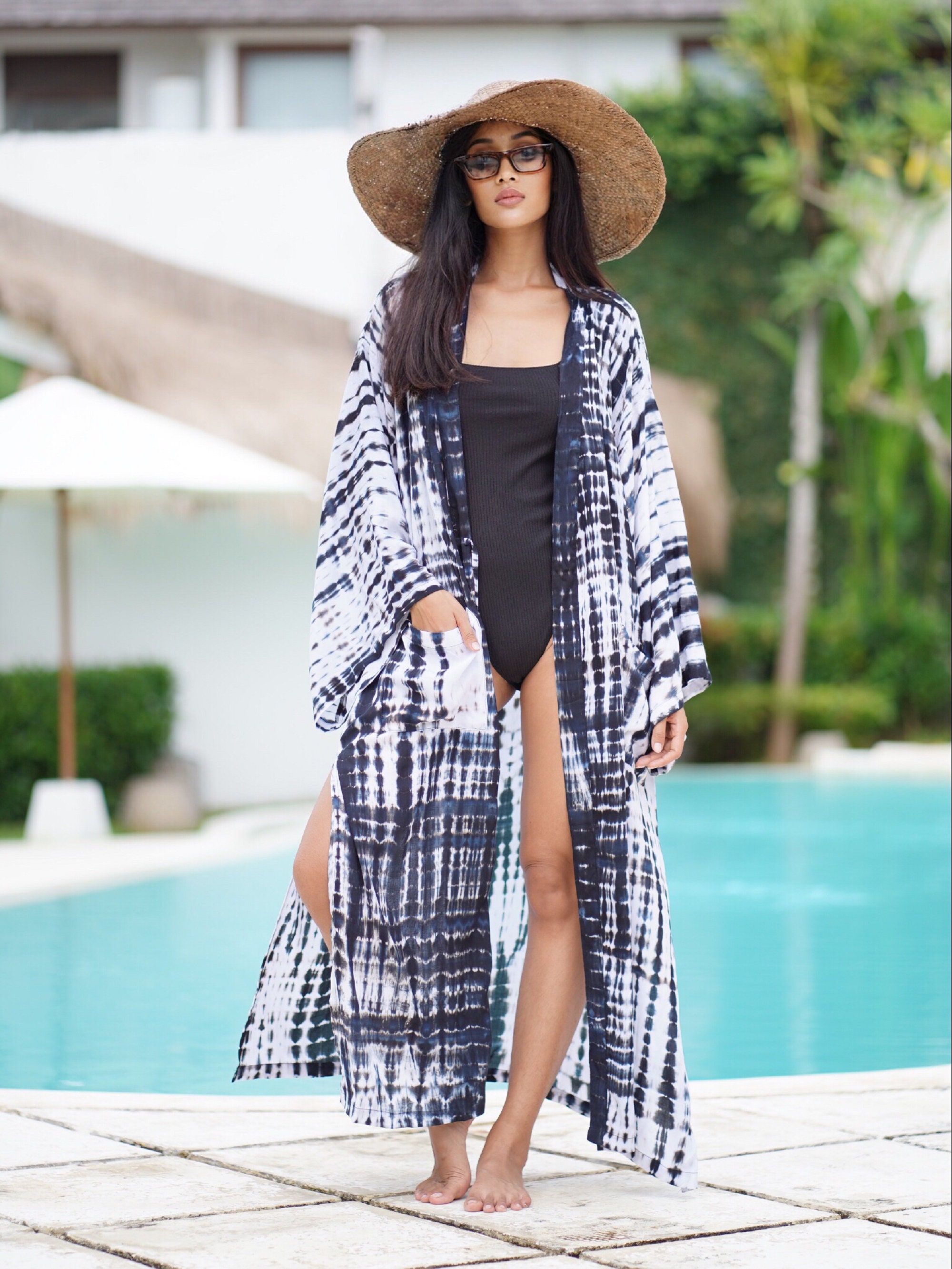 Oversize Kimono Robe Resort Hand Tie Dyed Maxi Jacket Side Slits Belt ...