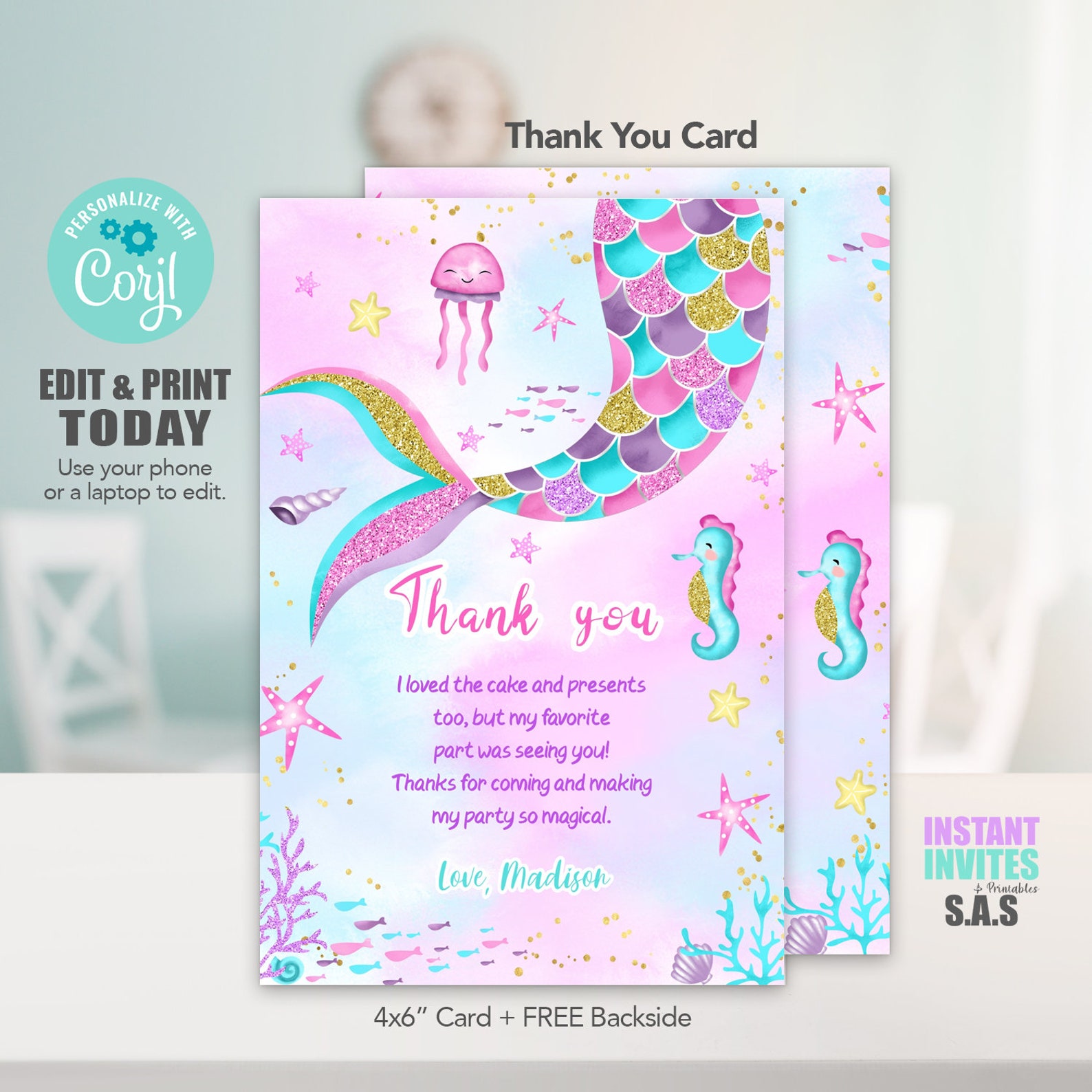 Mermaid Thank You Card Mermaid Cards Mermaid Thank You - Etsy