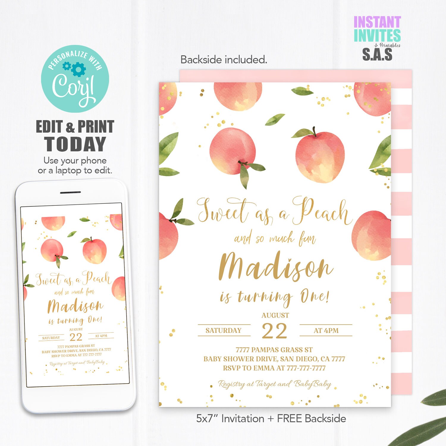 Peach Invitation, Peach Invites, Instant Download Peach Invites ...