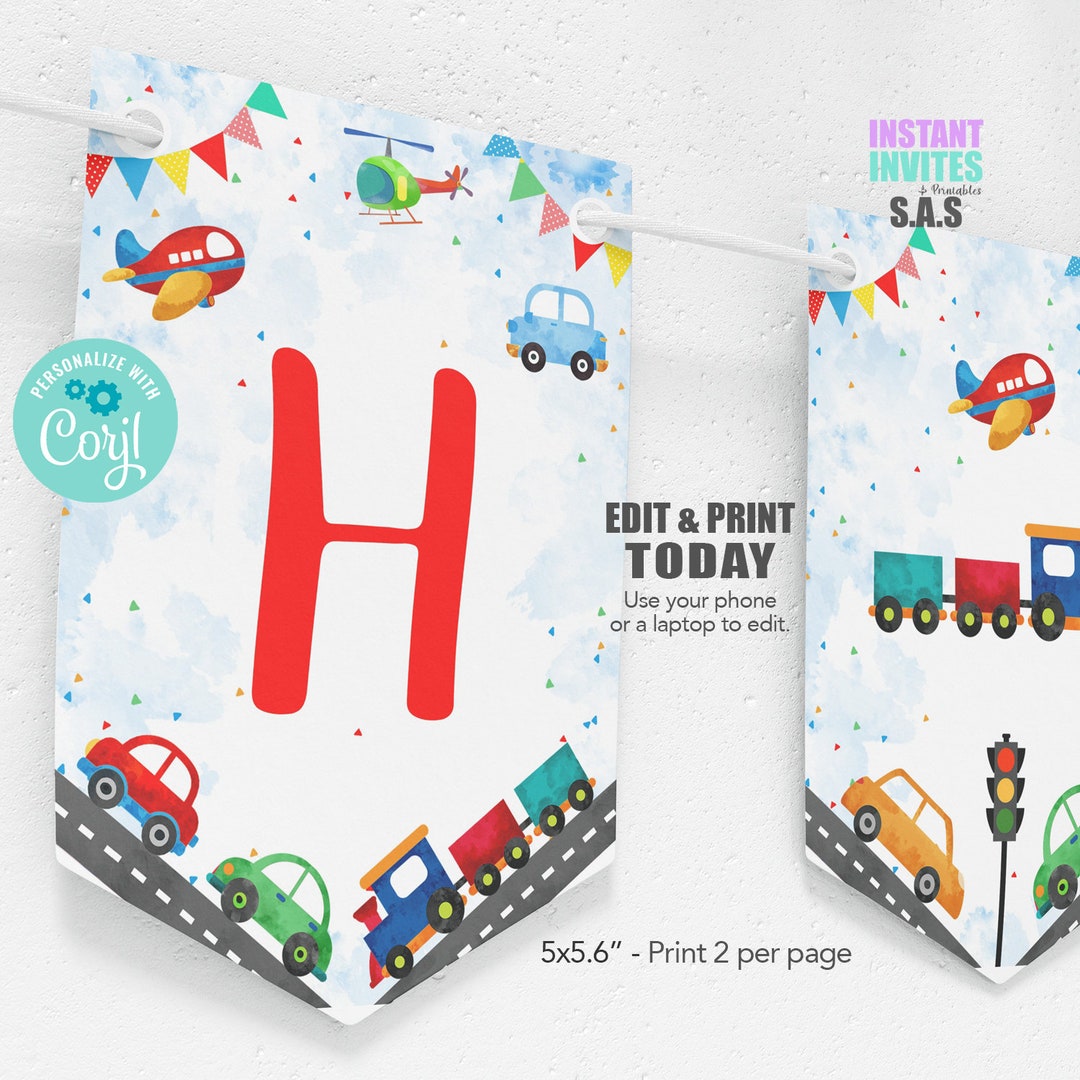 Transportation Birthday Banner: Editable Vehicle Garland (digital ...