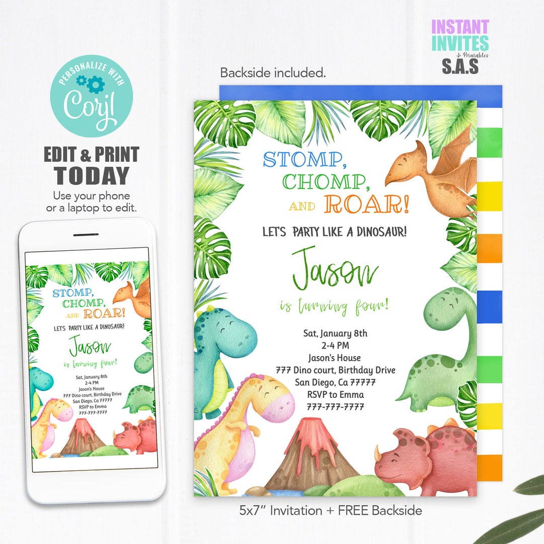 Dinosaur Invitation, Dinosaur Invites, Instant Download Dinosaur ...