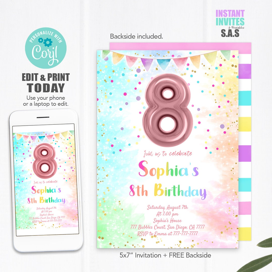 8th Birthday Invitation, Balloons Birthday Invite, Instant Download 8th ...