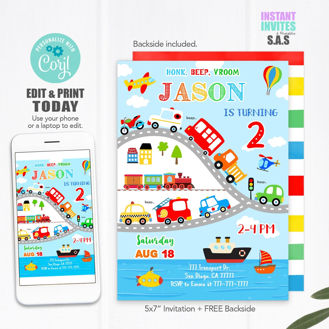 Transport Invitation, Transportation Birthday Invites, Instant Download ...