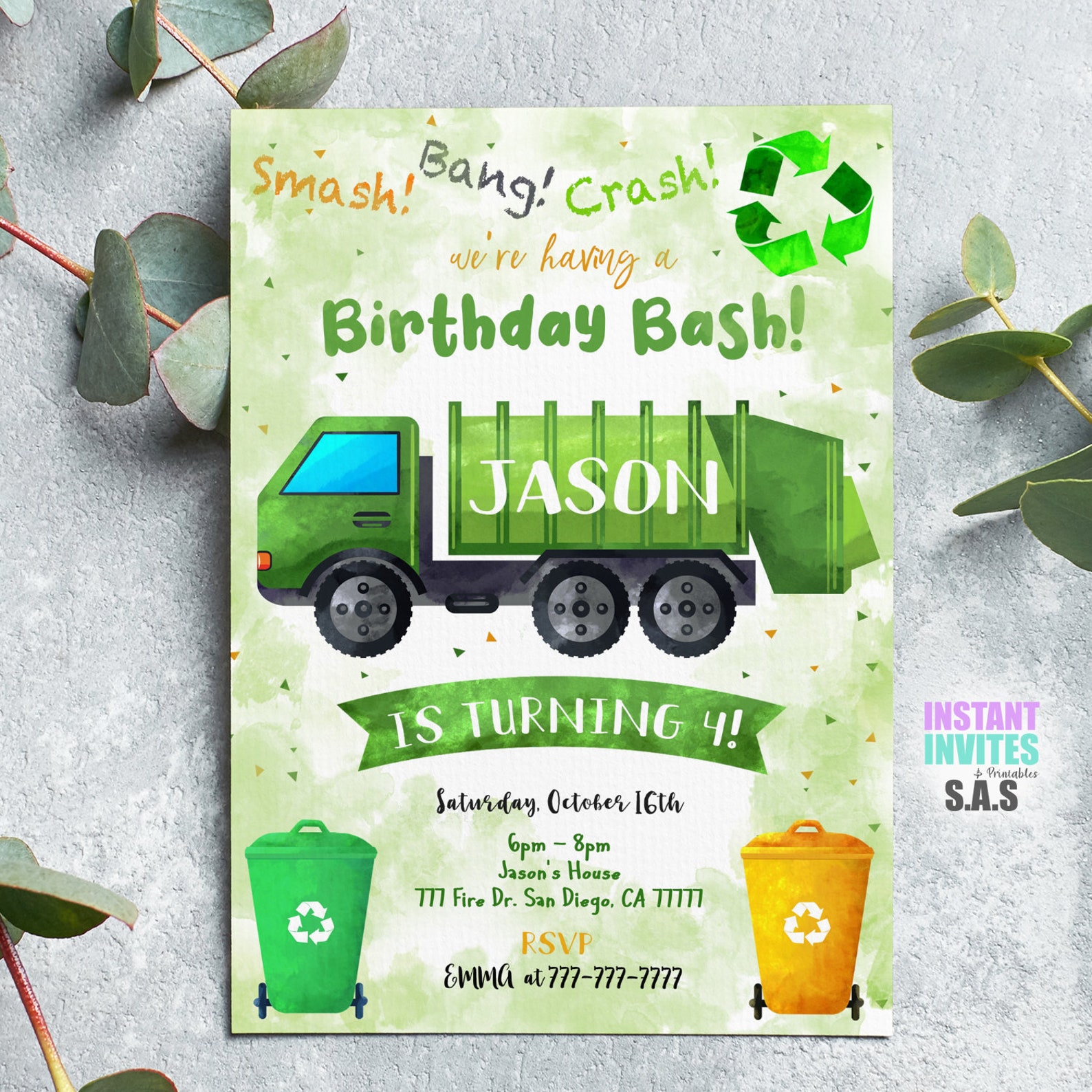 Garbage Truck Birthday Invitation: Recycling Party (instant Download ...