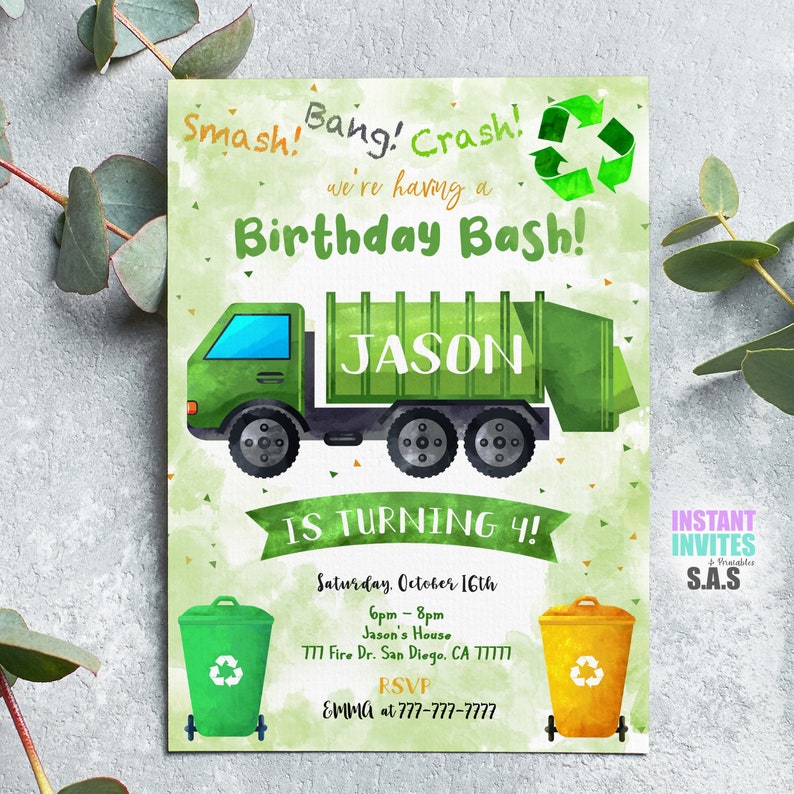 Garbage Truck Invitation Recycling Birthday Invites Instant | Etsy