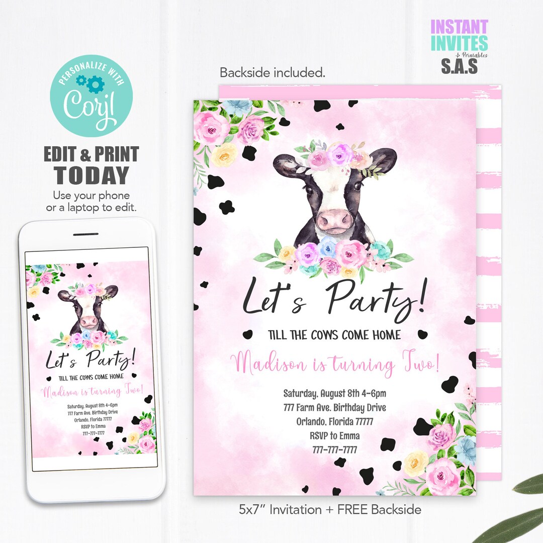 Cow Invitation, Cow Invites, Instant Download Cow Invitations, Cow717 ...