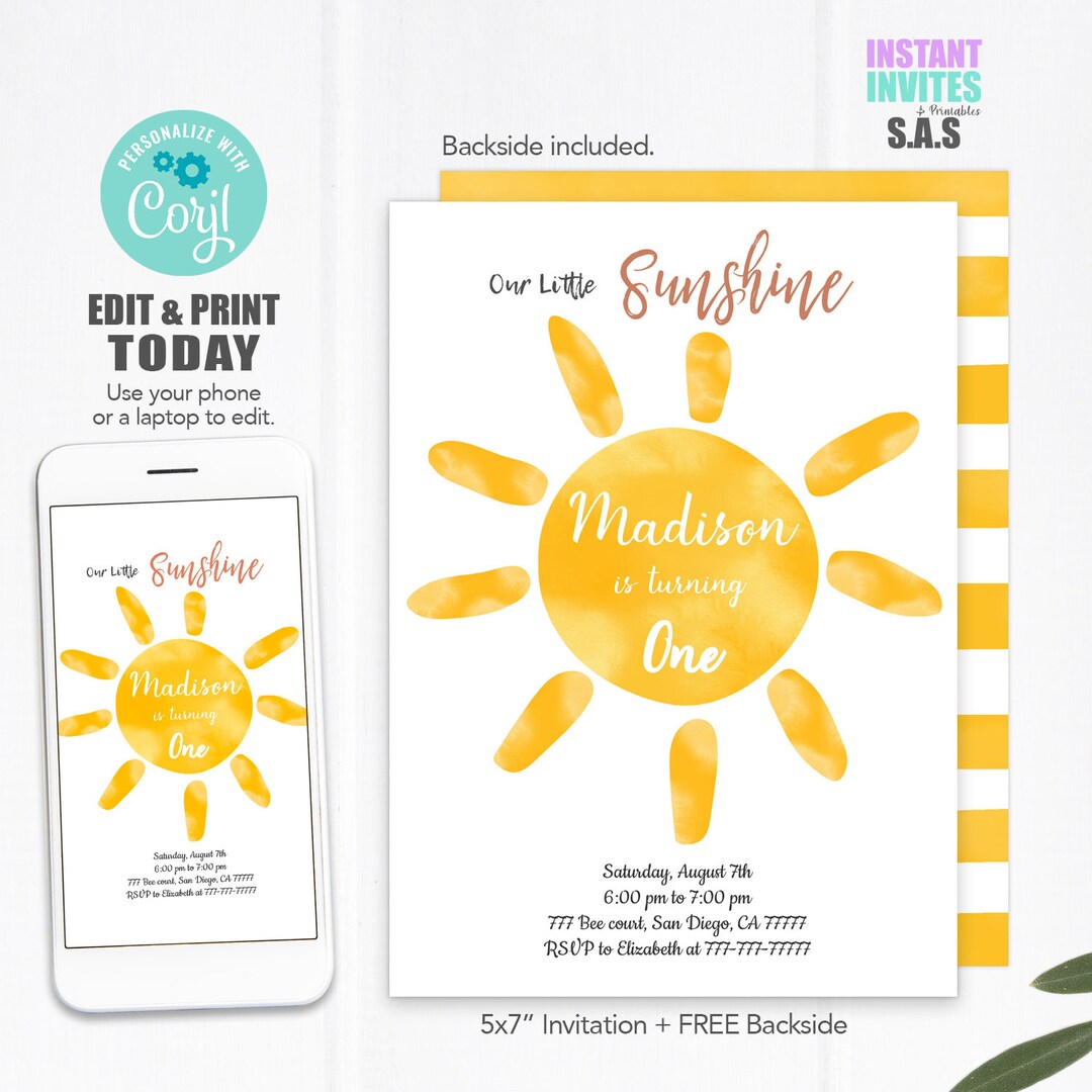 Sunshine Invitation, Sun Invites, Instant Download Sunshine Invitations ...