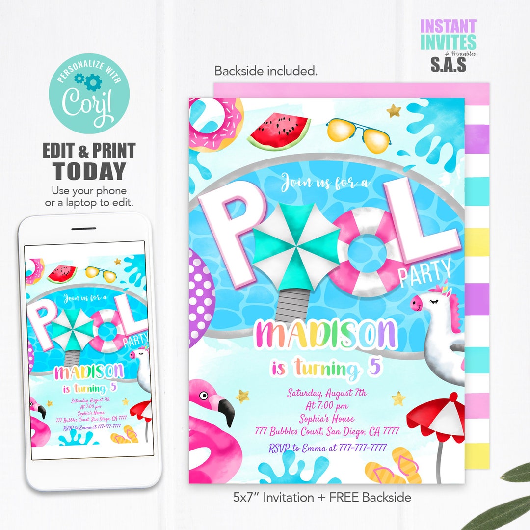 Pool Party Invitation, Pool Birthday Invite, Instant Download Pool ...