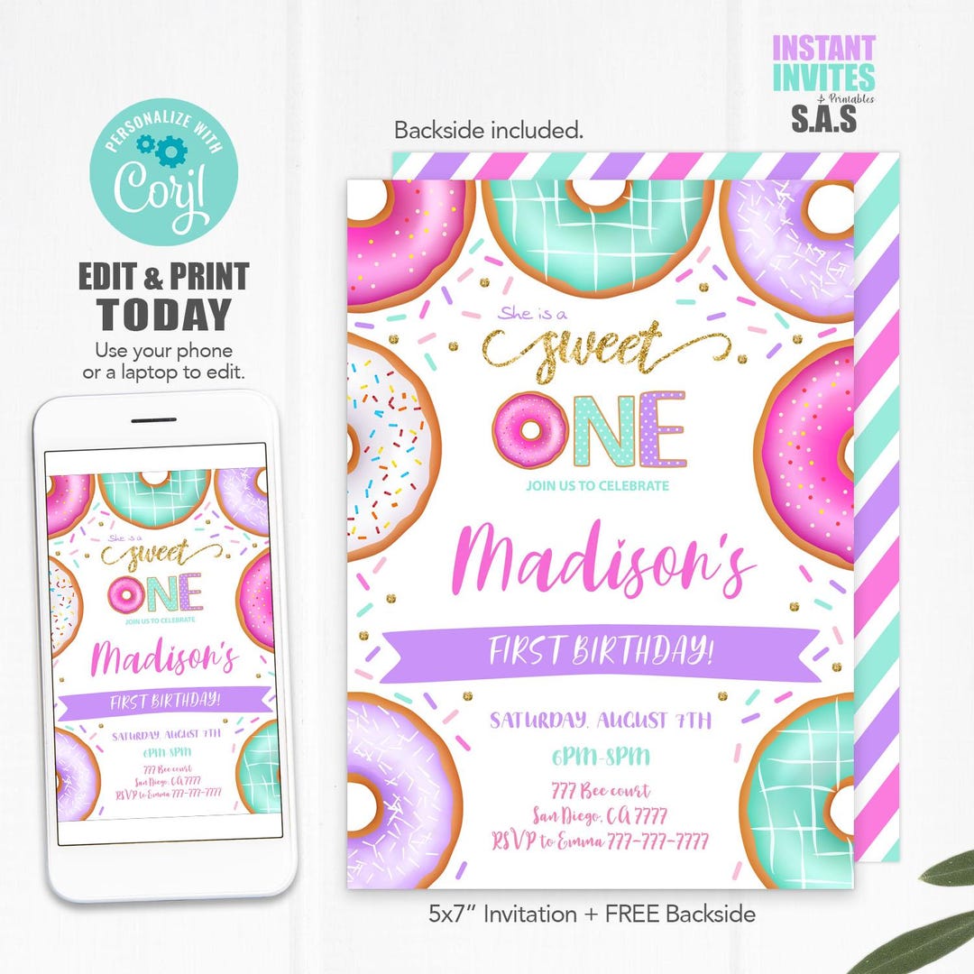 Donut 1st Birthday Invitation: Editable Party Invites (digital Download ...