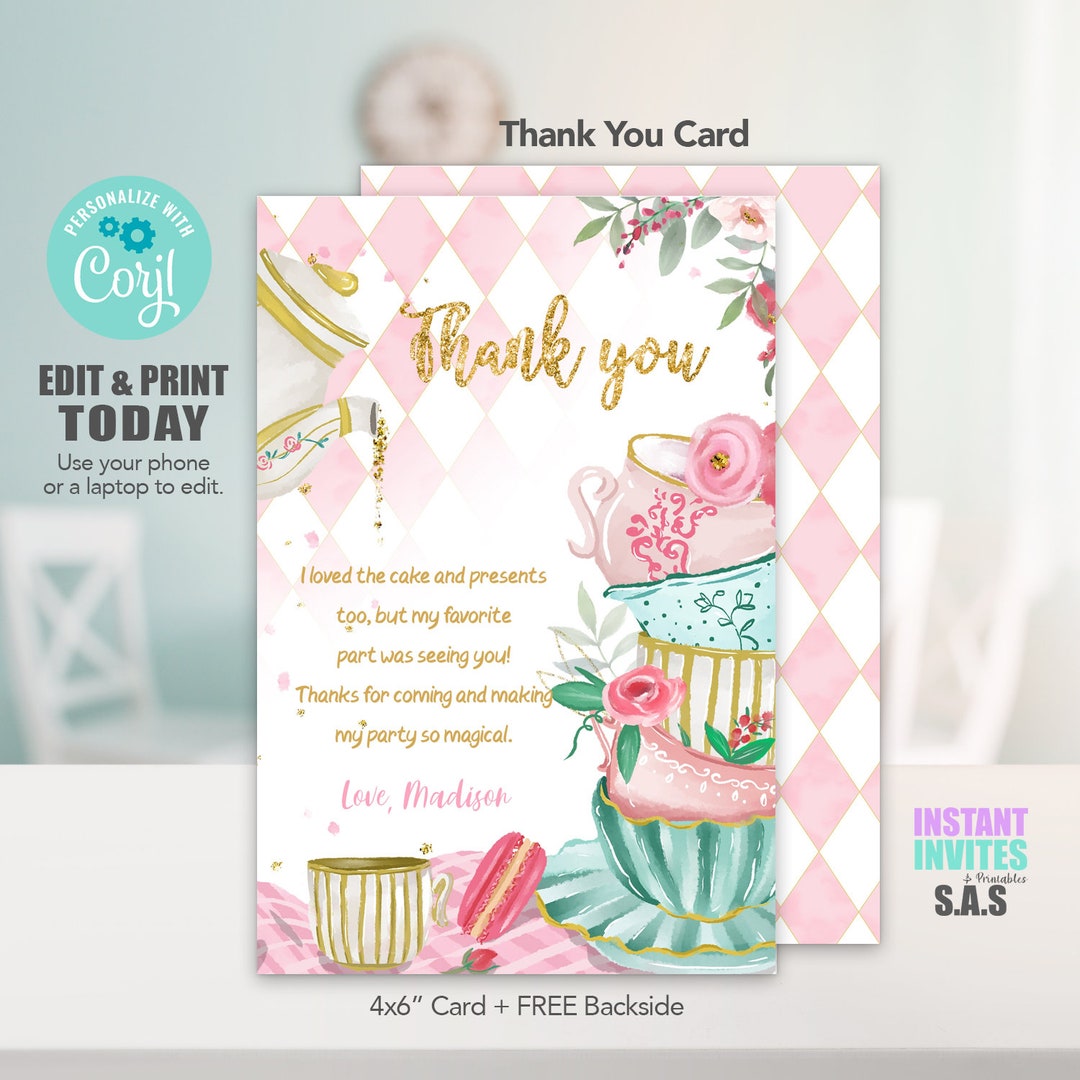 Tea Party Thank You Card, Tea Party Cards, Tea Party Thank You Cards ...