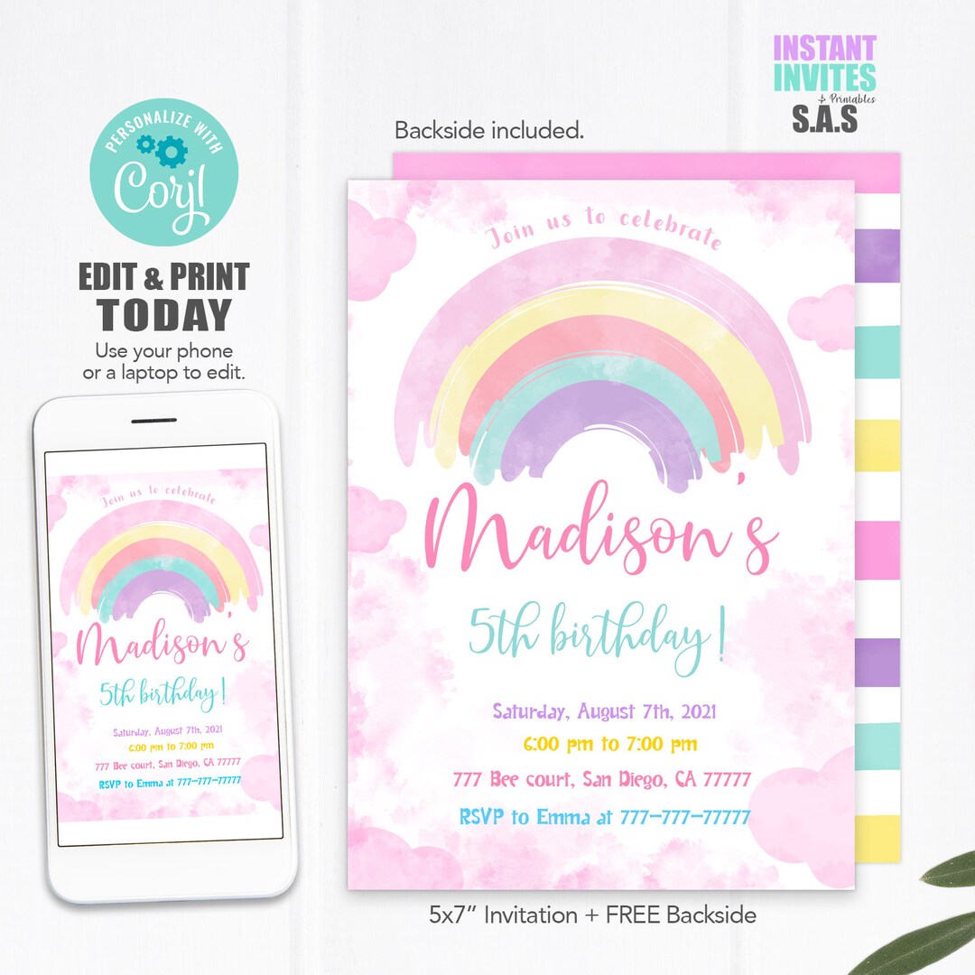 Rainbow Invitation, Rainbow Invites, Instant Download Rainbow ...