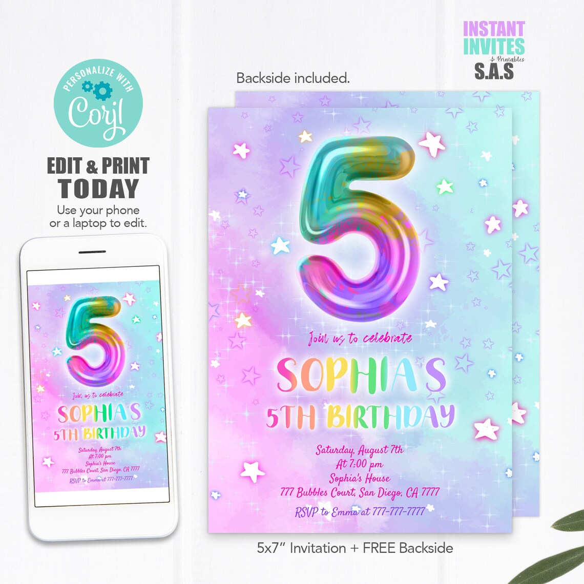 5th Birthday Invitation Balloons Birthday Invite Instant - Etsy