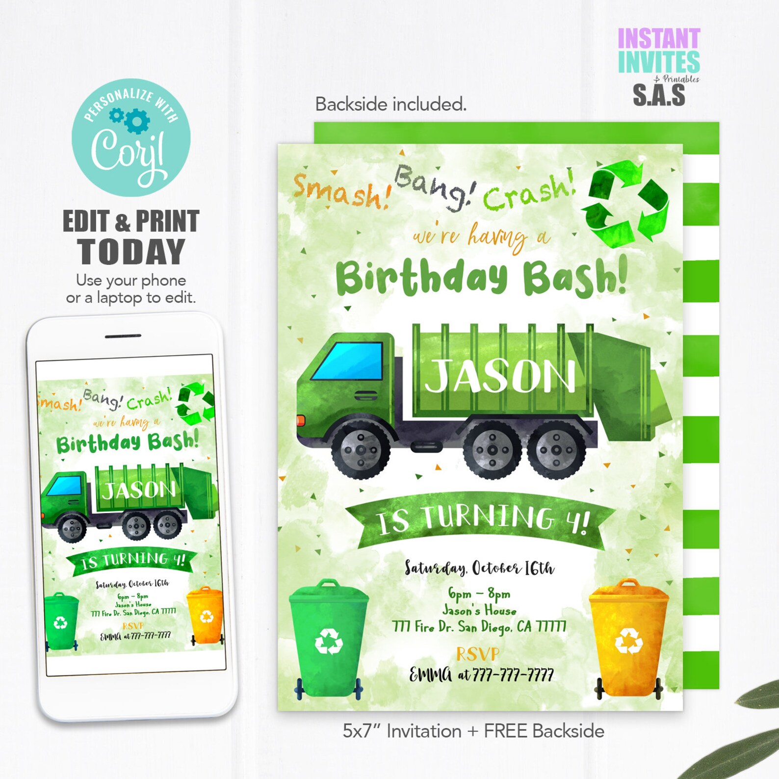 Garbage Truck Birthday Invitation: Recycling Party (instant Download ...
