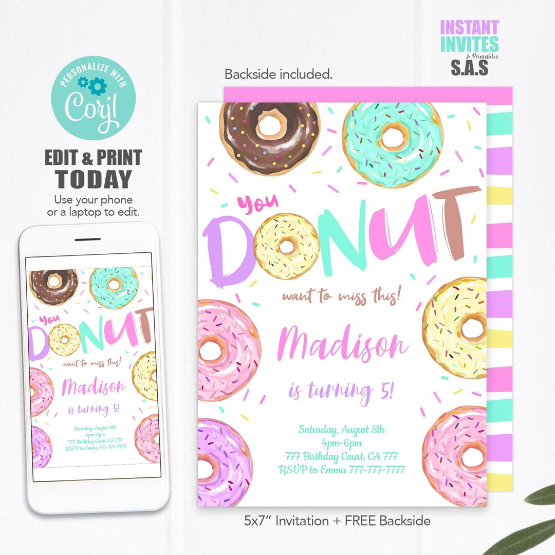 Donut Birthday Invitation: Editable Party Invites (digital Download) - Etsy