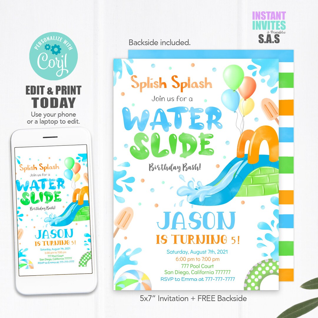 Water Slide Birthday Invitation: Splish Splash Party (instant Download ...