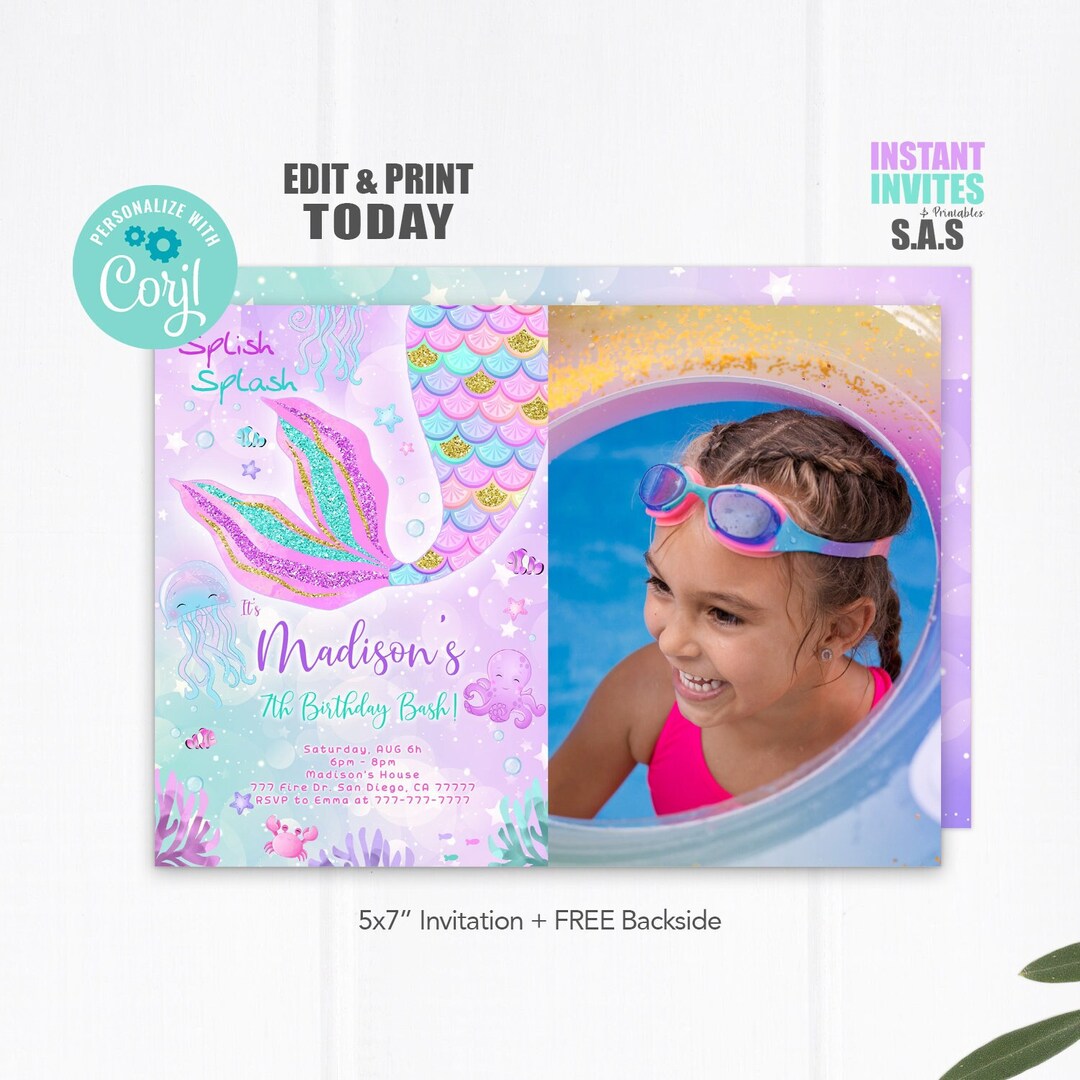 Editable Mermaid Invitation, Mermaid Picture Invites, Instant Download ...