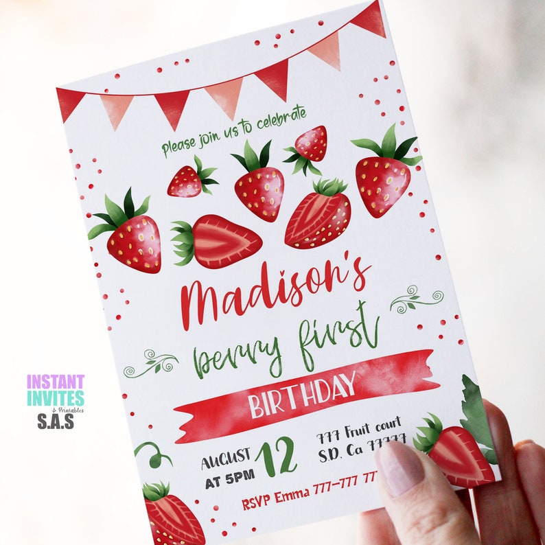 Watercolor Strawberry Birthday Invitation: Editable Berry Invite ...