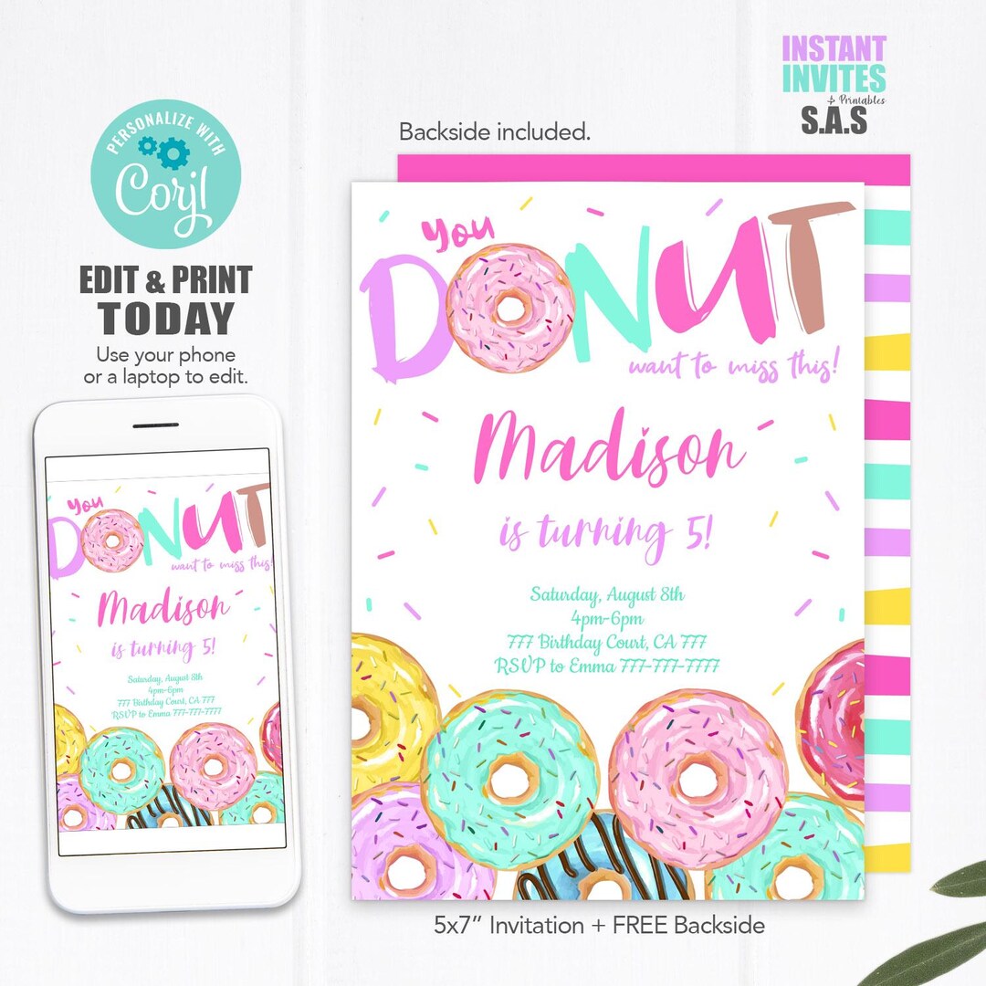 Donuts Birthday Invitation, Donuts Invites, Donut Party Invitation ...